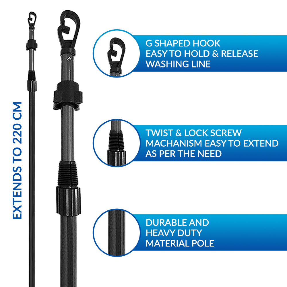 Buy 2.4M Extending Washing Line Prop Pole, G Shaped Hook with Twist ...